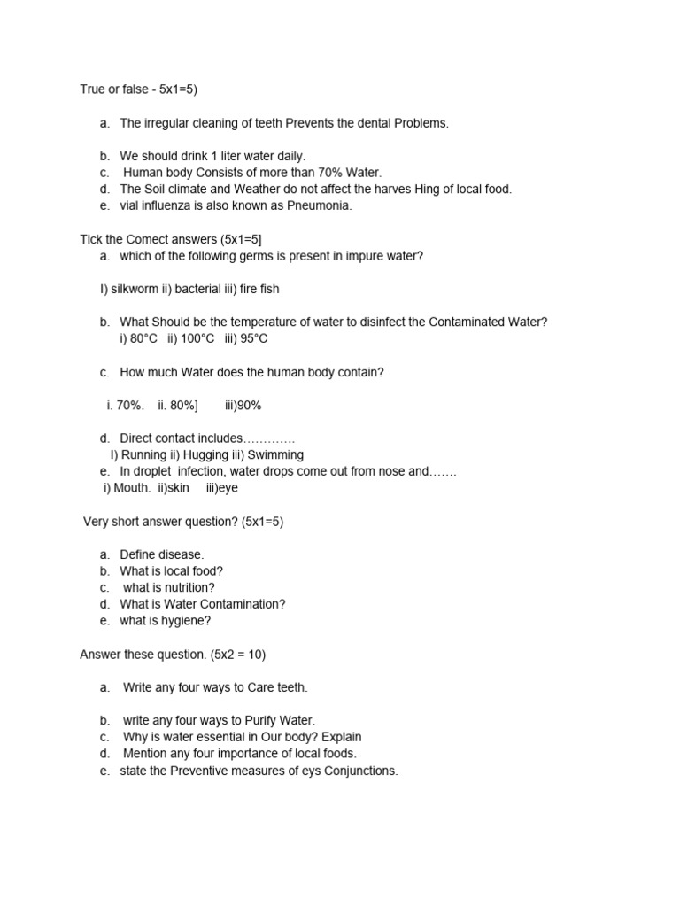 Class 5 Health and Hygiene Quiz | PDF | Career & Growth | Wellness