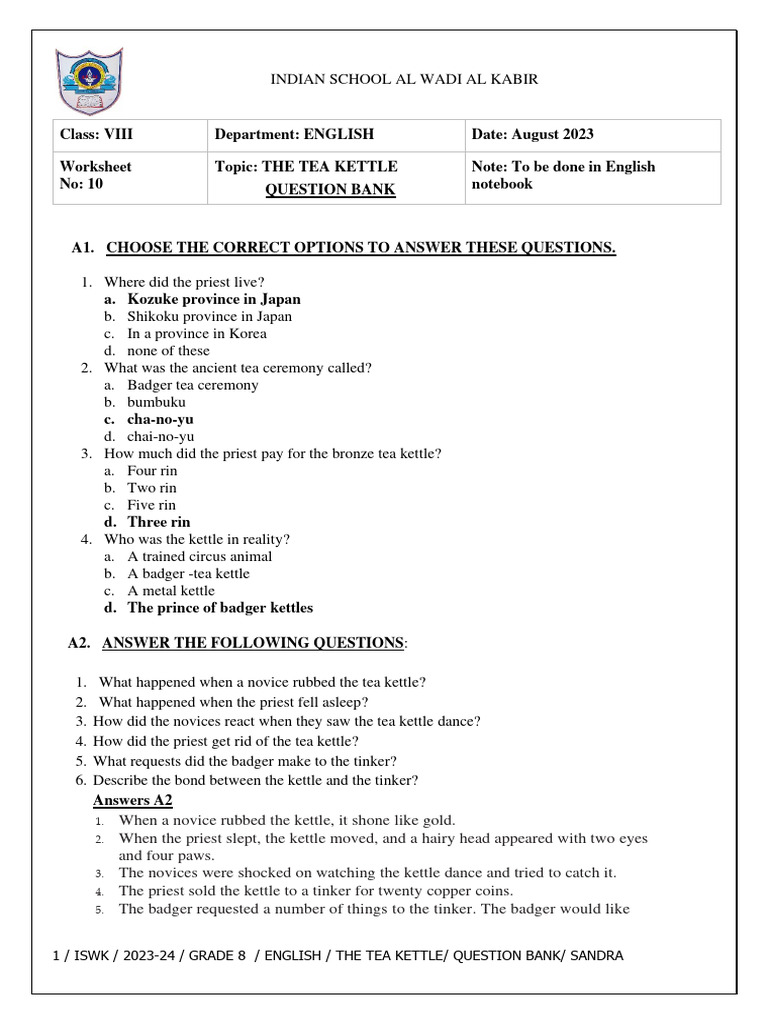 The Tea Kettle-Back Question Answer | PDF