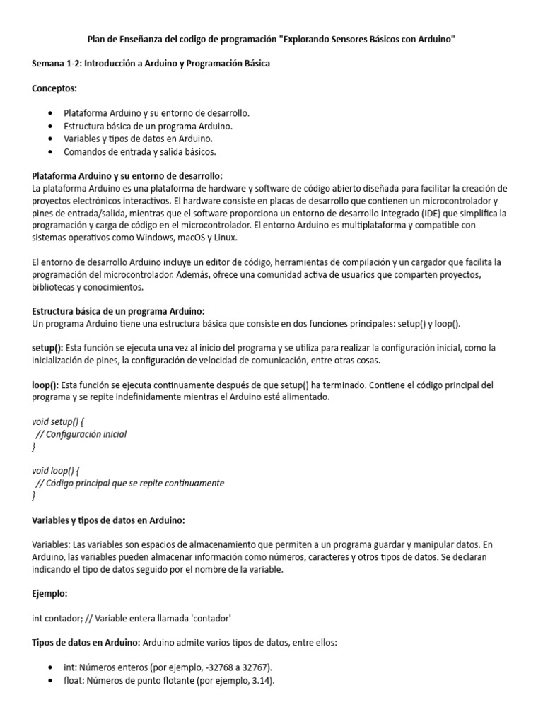 002 - Plan de Enseñanza - Codigo de Programacion - Explorando Sensores Básicos Con Arduino | PDF ...