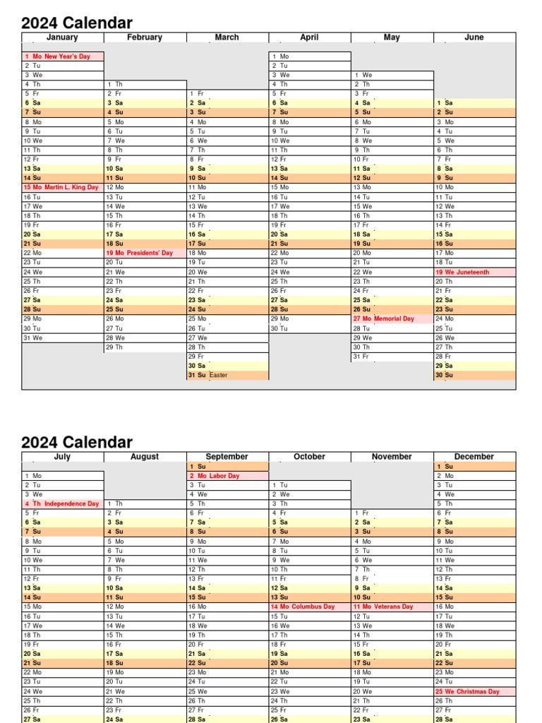 2024 Calendar Landscape 2 Pages Days Aligned | PDF