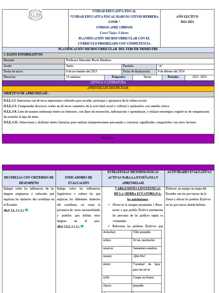 Planificación Lengua Del Tercer Trimestre de 6to | PDF | Aprendizaje ...