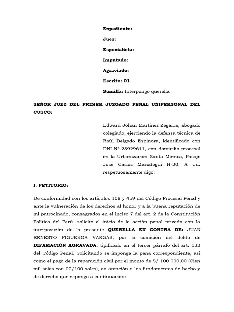 Querella por Difamación Agravada | PDF | Derecho penal | Queja
