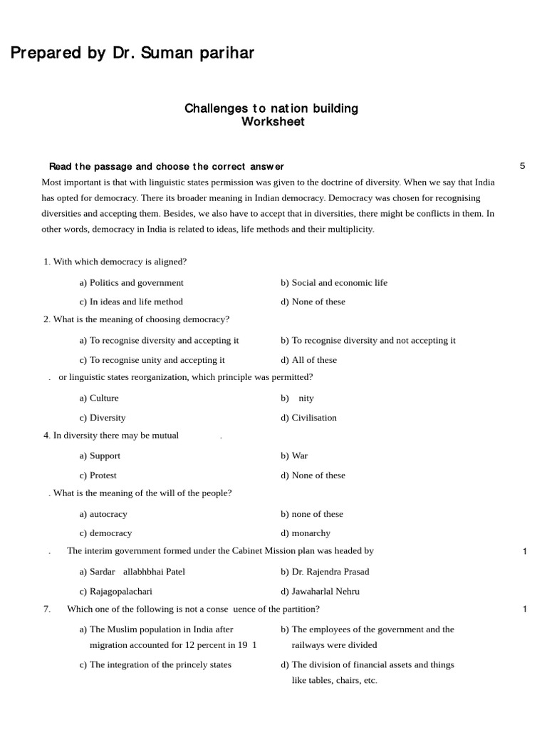 Challenges of Nation Buillding Worksheet | PDF | Partition Of India ...