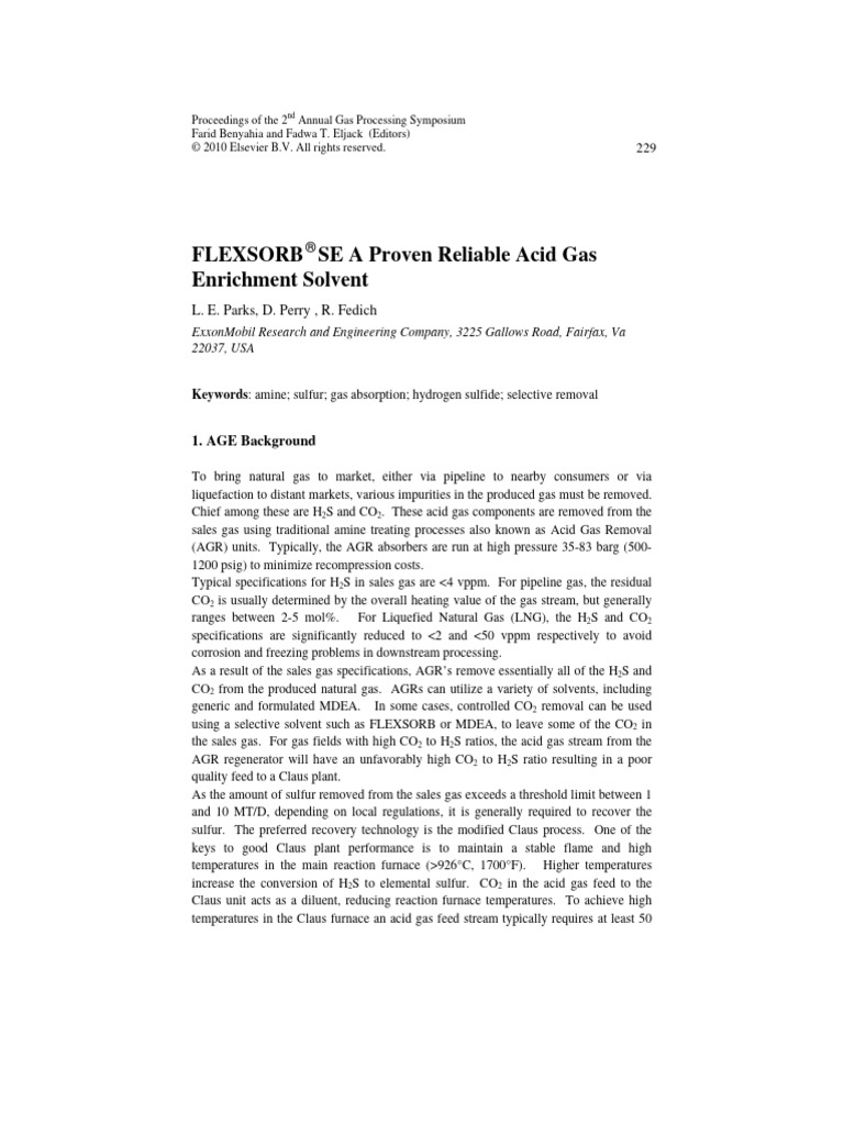 FLEXSORB ®SE A Proven Reliable Acid Gas Enrichment Solvent | PDF ...