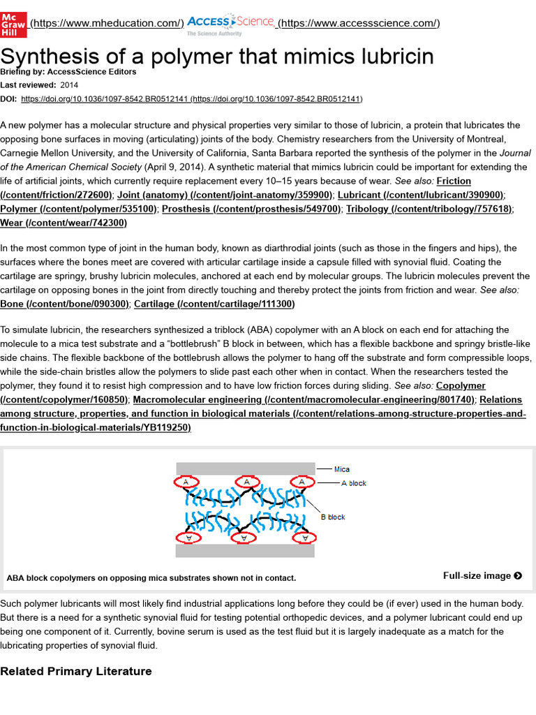 Synthesis of A Polymer That Mimics Lubricin - AccessScience From McGraw ...