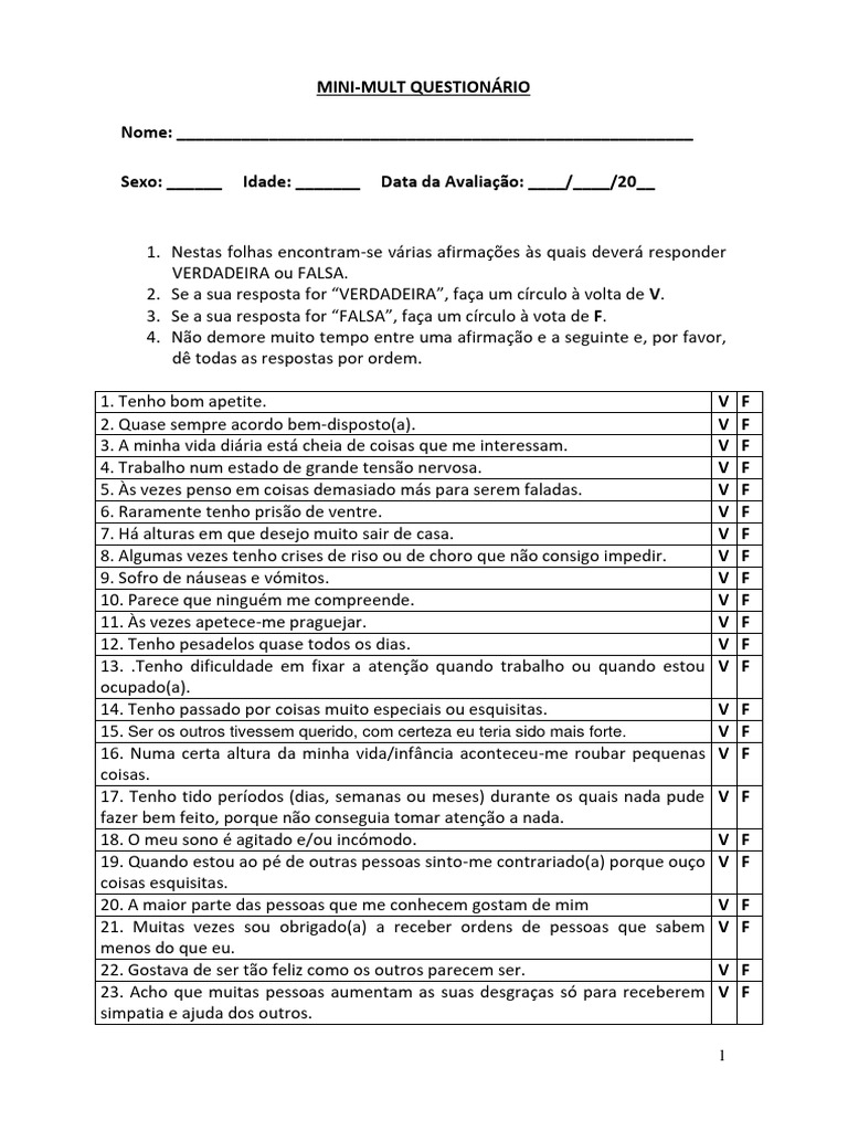 MINI MULT - Questionário | PDF