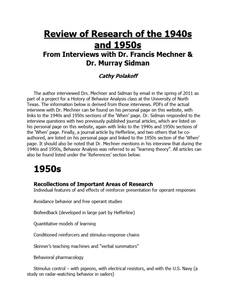 Review of Research of The 1940s and 1950s: From Interviews With Dr ...