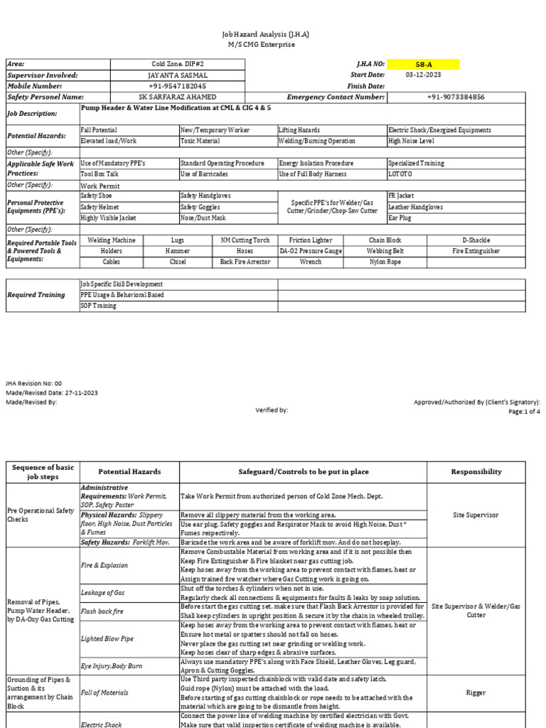 JHA 58-A - CML & CIG 4,5 Pump Header & Water Line Modification - DIP2 | PDF | Welding | Construction