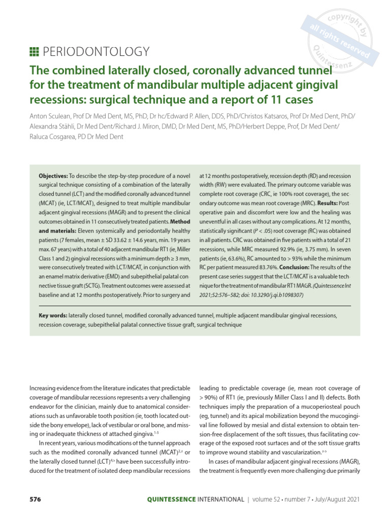 The Combined Laterally Closed, Coronally Advanced Tunnel For The Treatment of Mandibular ...