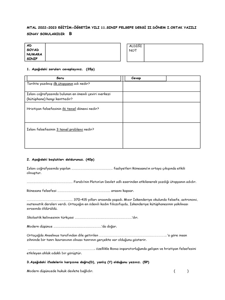 11.sinif Felsefe 2.donem 1.yazili Sorulari B Grubu | PDF