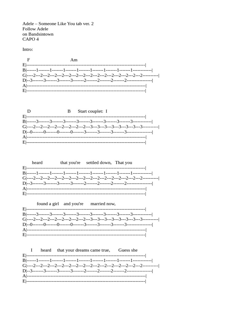 Adele - Someone Like You Tab | PDF | Song Structure | Songs