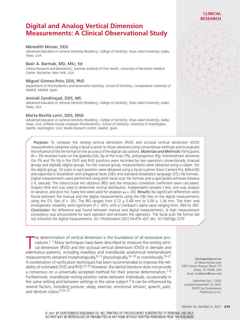 Digital and Analog Vertical Dimension Measurements A Clinical Observational Study | PDF