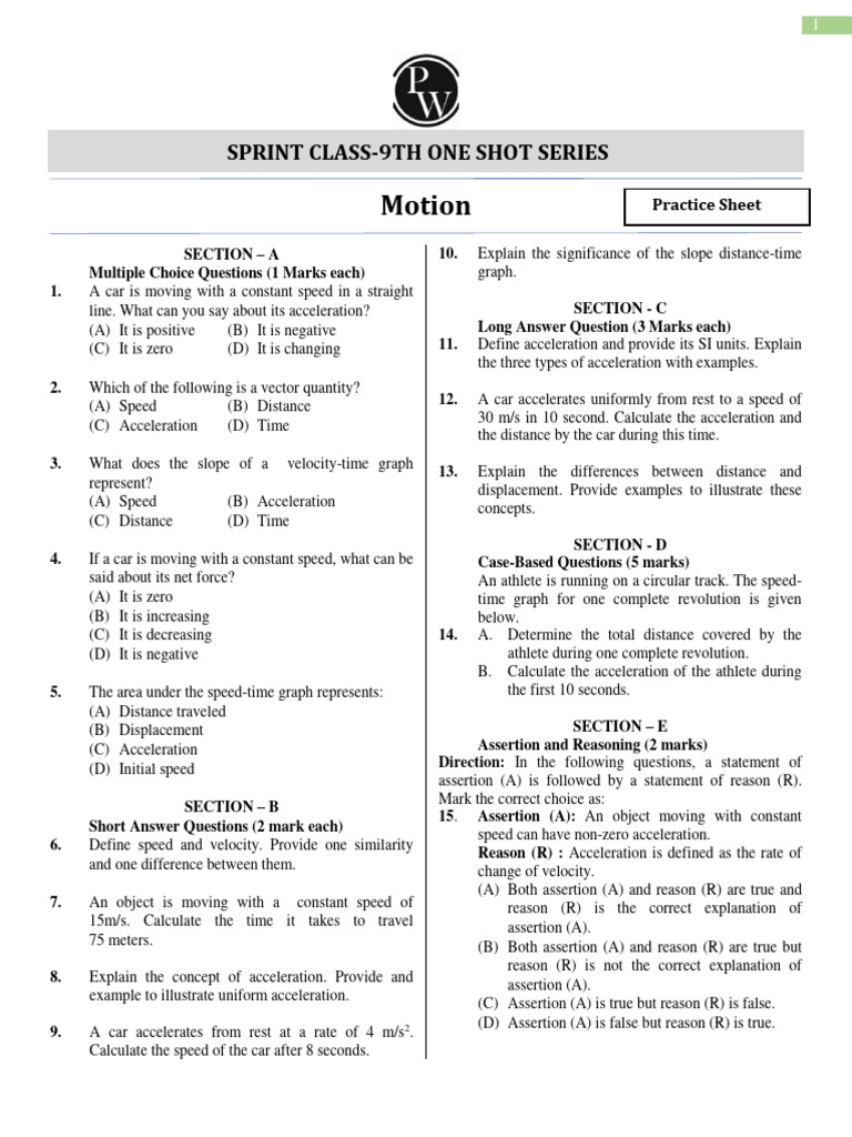 Motion - Practice Sheet | PDF | Velocity | Acceleration