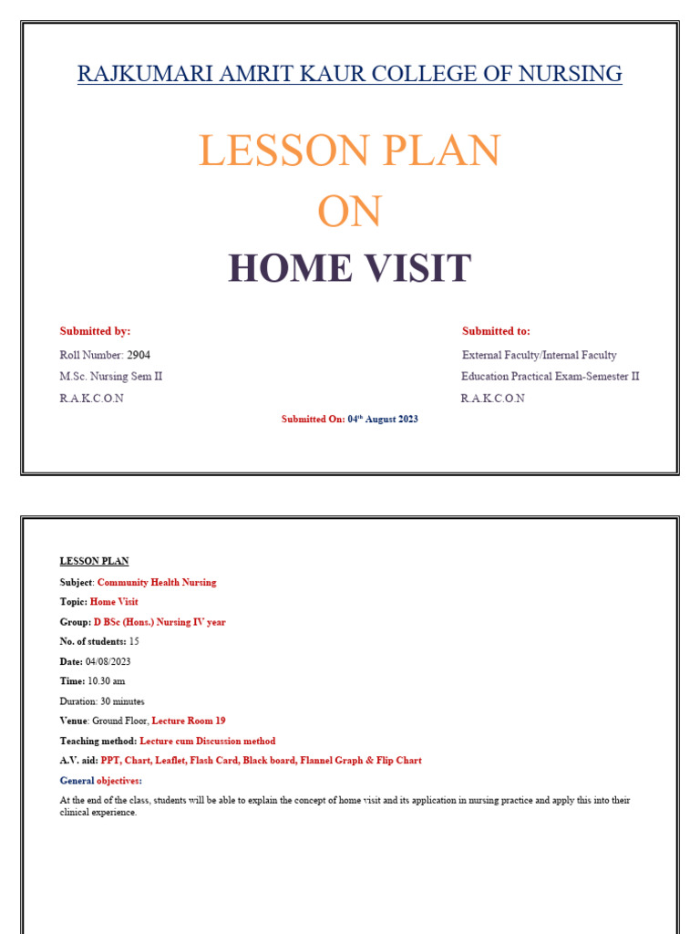 Lesson Plan On Home Visit JKS | PDF | Nursing | Lesson Plan