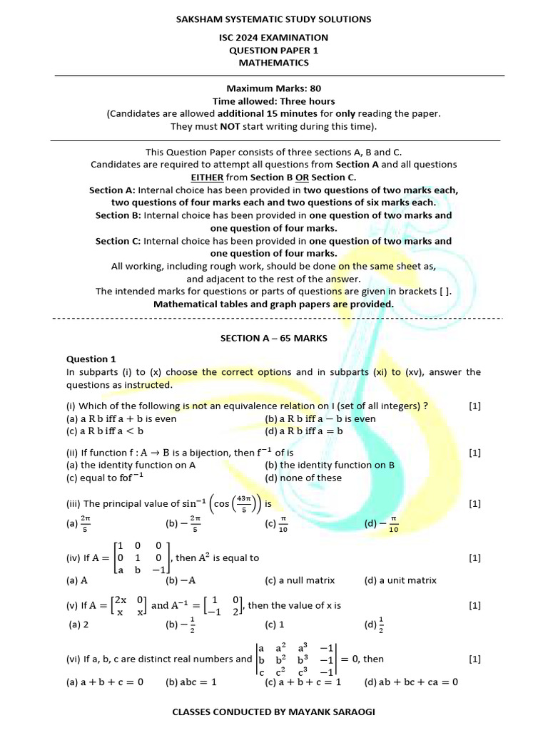 Isc Test Paper 1 Dated 06.01.2024 | PDF | Function (Mathematics ...
