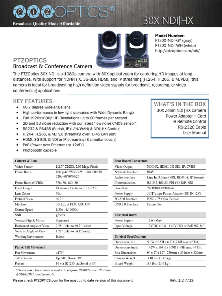 PT30X NDI XX Data Sheet v1 2 Rev 7 19 | PDF | Hdmi | Camera