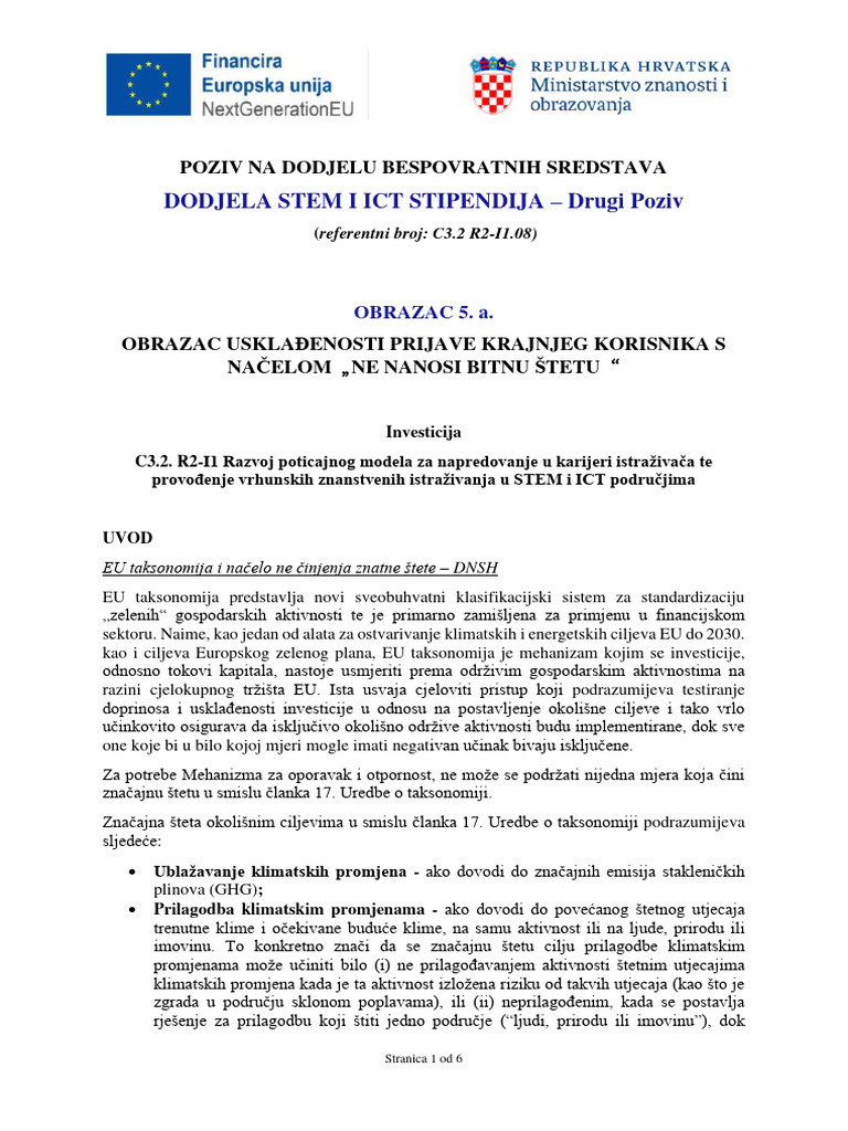 Obrazac 5a Obrazac Uskladenosti Prijave Krajnjeg Korisnika S DNSH Stem ...