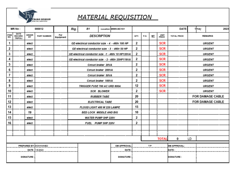 Material Requisition: Rig: Description | PDF | Electrical Equipment ...