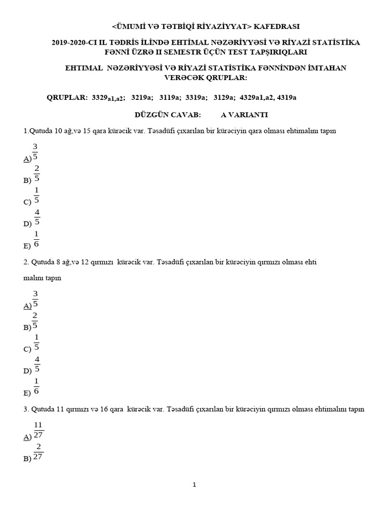 Ehtimal Nəzəriyyəsi VƏ Riyazi Statistika | PDF