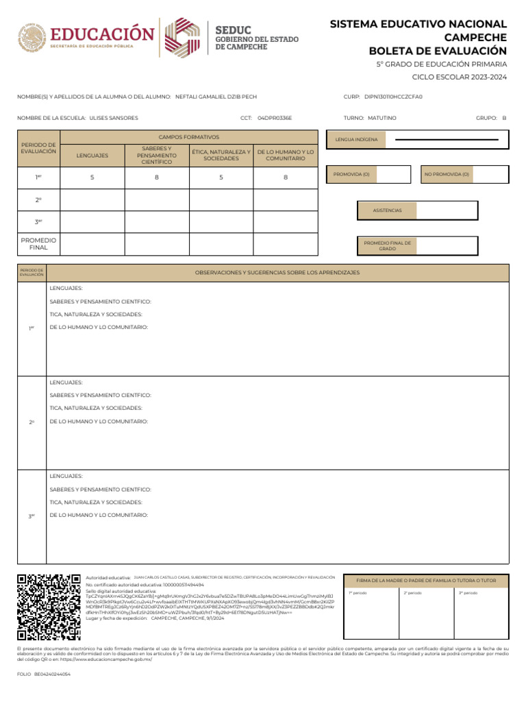 Sistema Educativo Nacional Campeche Boleta de Evaluación: 1 5 8 5 8 2 3 Promedio Final | PDF