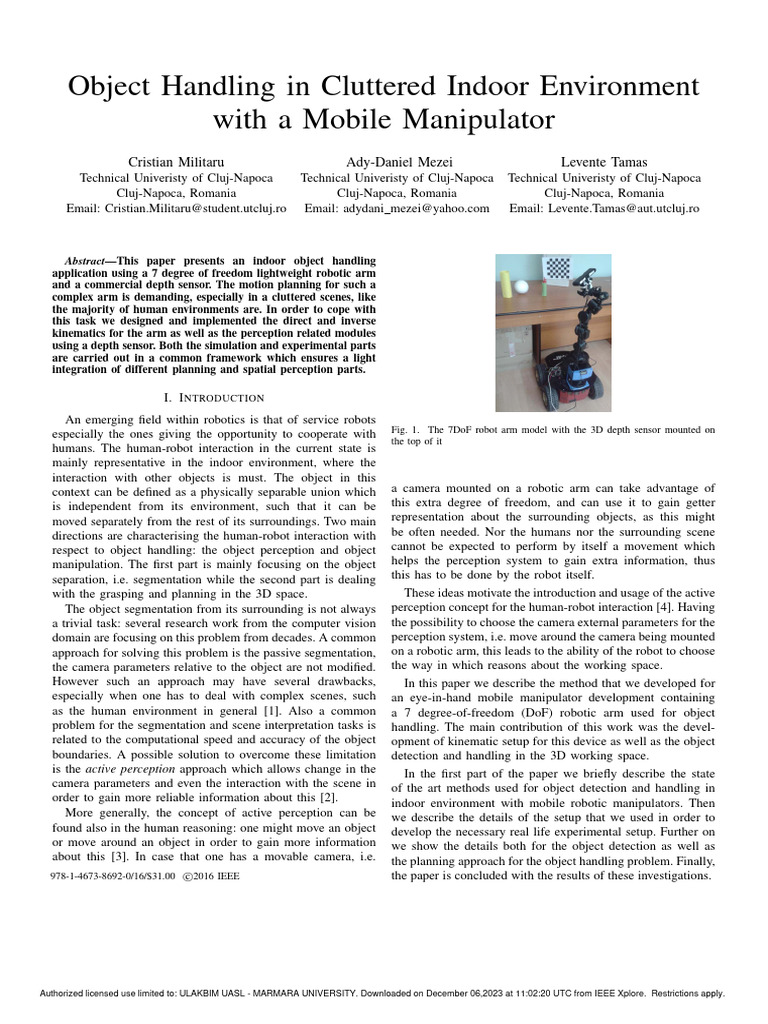 Object Handling in Cluttered Indoor Environment With A Mobile ...