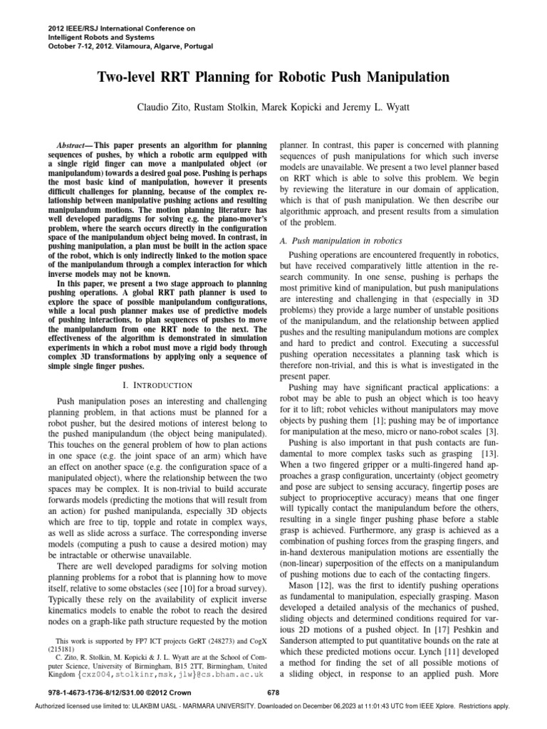 Two-Level RRT Planning For Robotic Push Manipulation | PDF | Applied ...