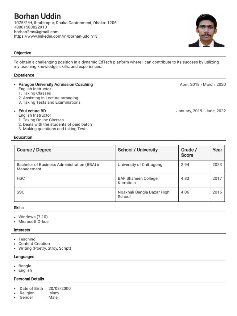 Resume of Borhan Uddin | PDF