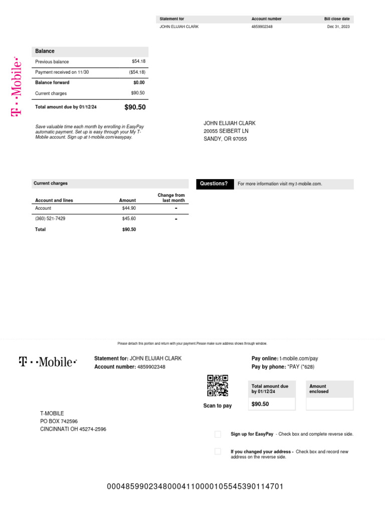 John Elijiah Clark TMobile Bill | Download Free PDF | Cheque | Fee