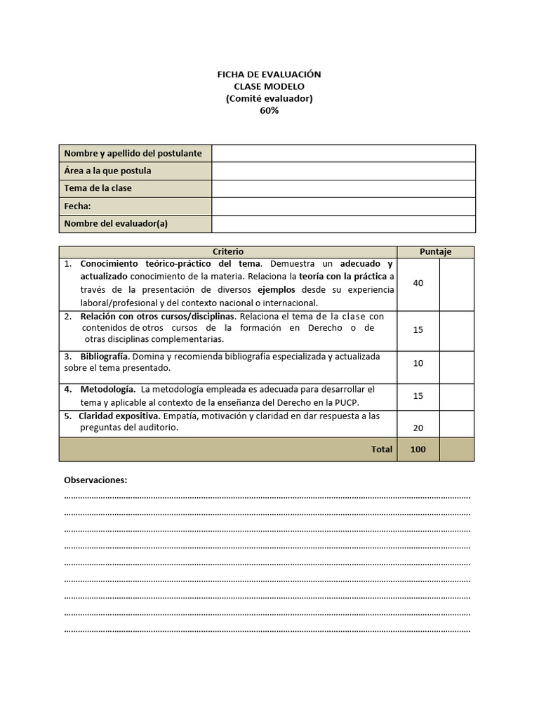 Ficha de Evaluacion Clase Modelo Jul 2019 PDF | PDF | Comunicación ...
