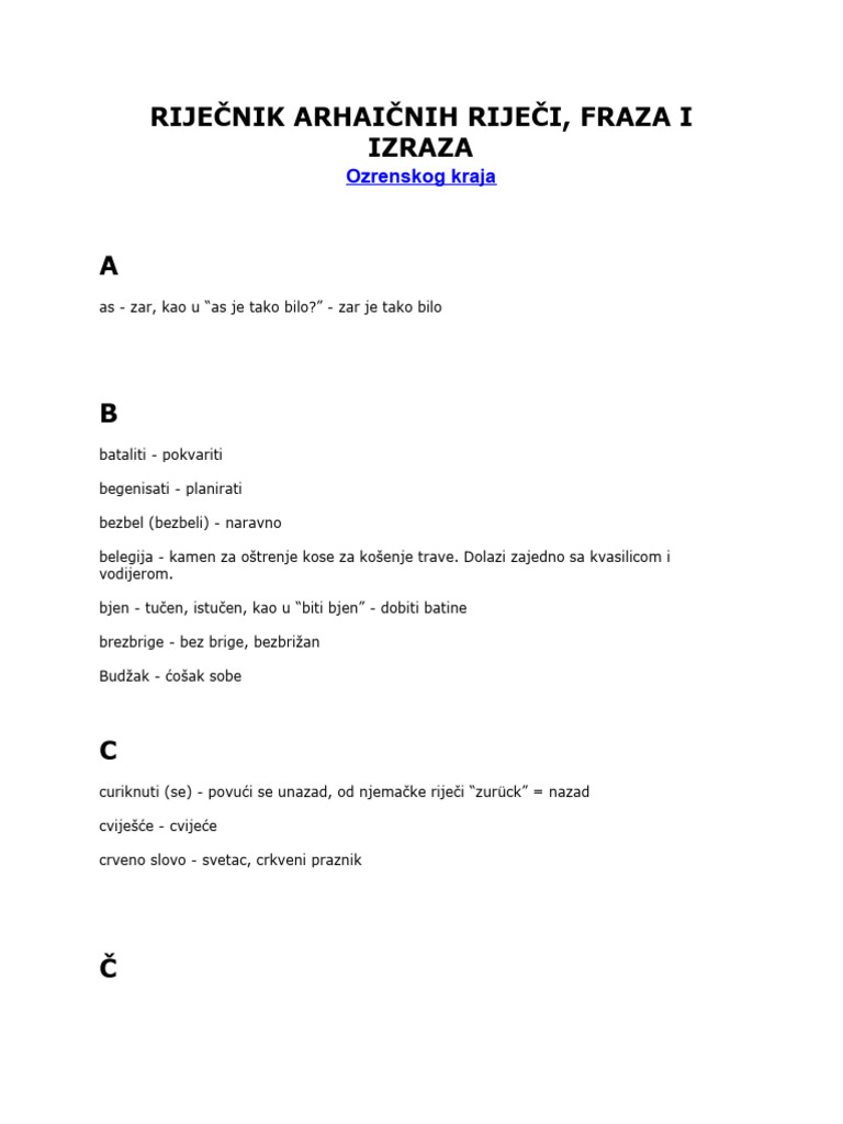Rječnik Arhaičnih Riječi, Fraza I Izraza | PDF