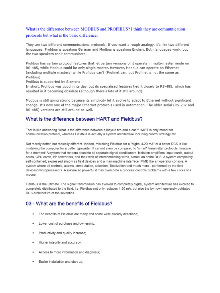 Difference Between MODBUS and PROFIBUS | PDF | Programmable Logic Controller | Computer Network