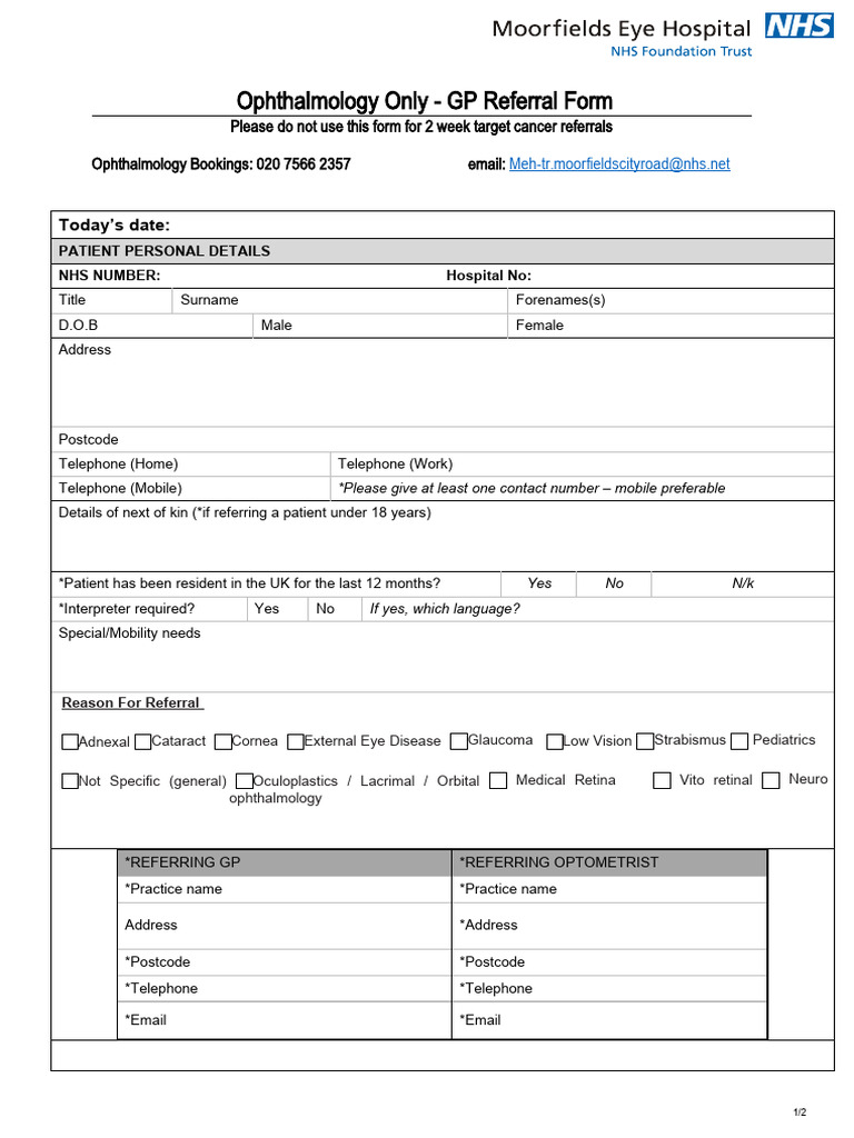 Moorfields Referral Form | PDF | Ophthalmology | Medical Specialties