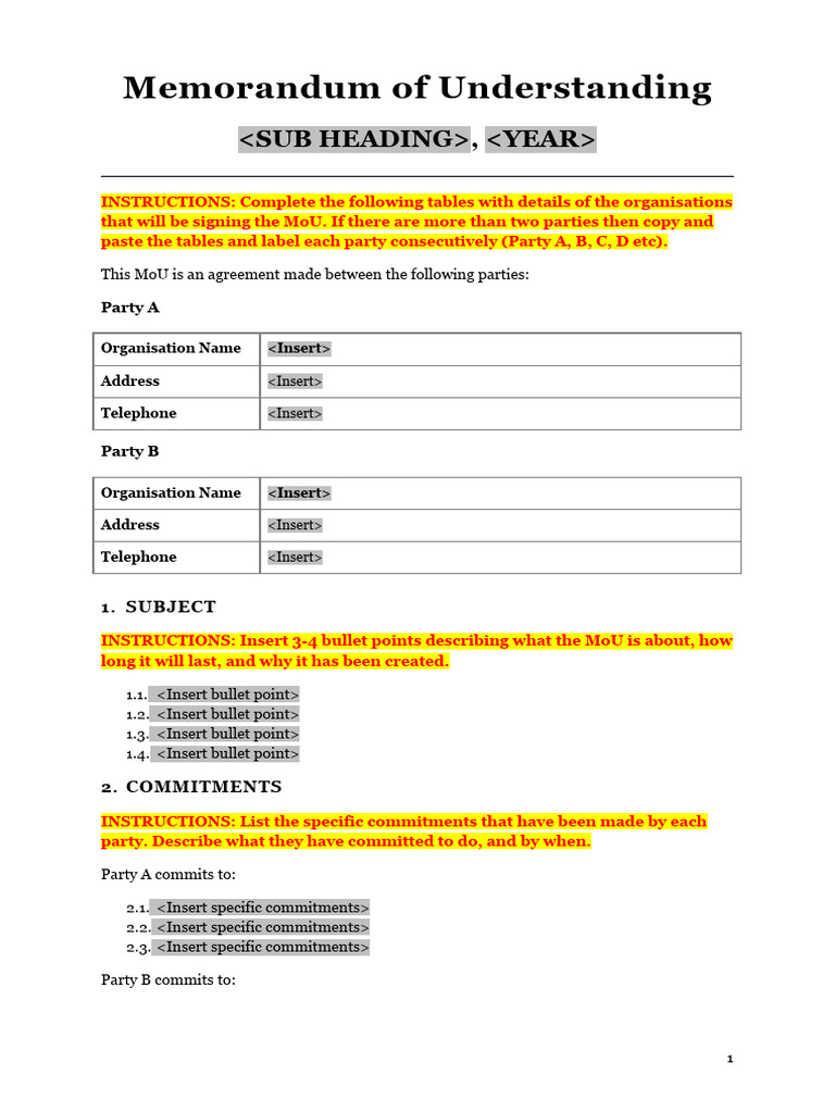 Memorandum of Understanding MoU Template | PDF | Memorandum Of ...