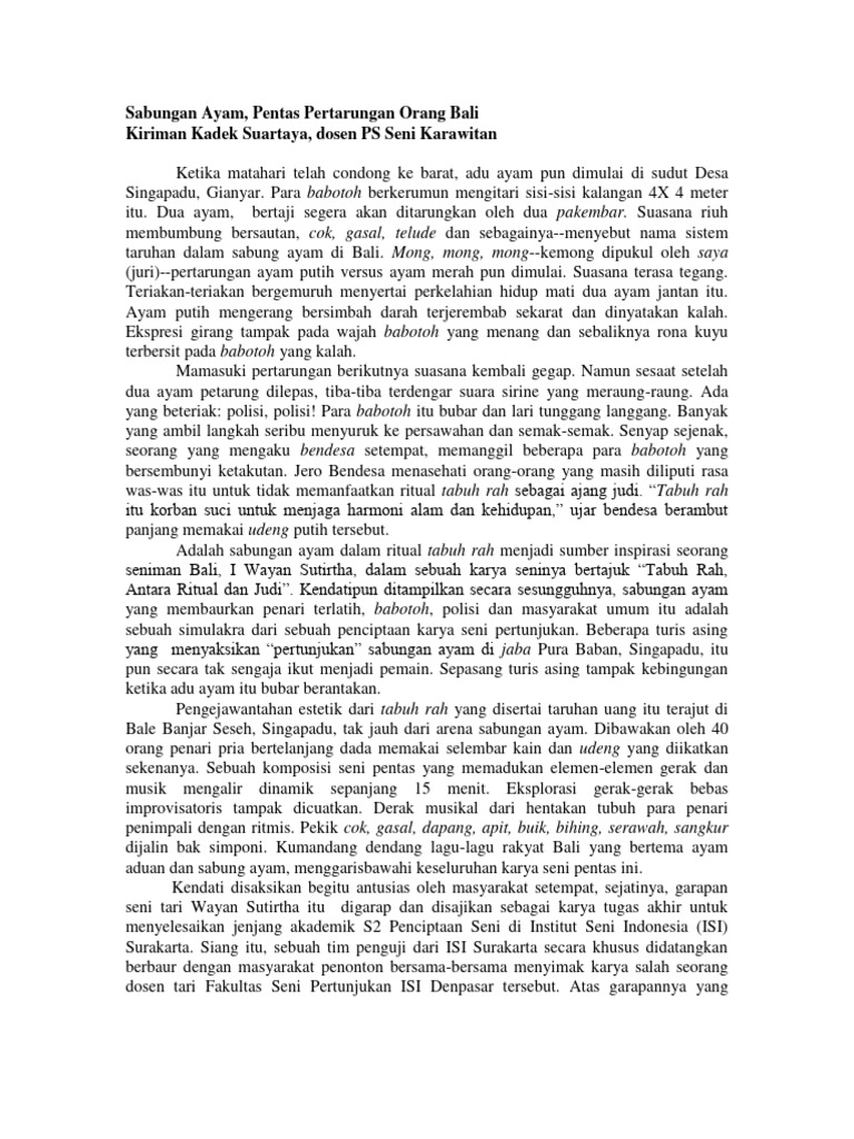 Sabungan Ayam, Pentas Pertarungan Orang Bali | PDF