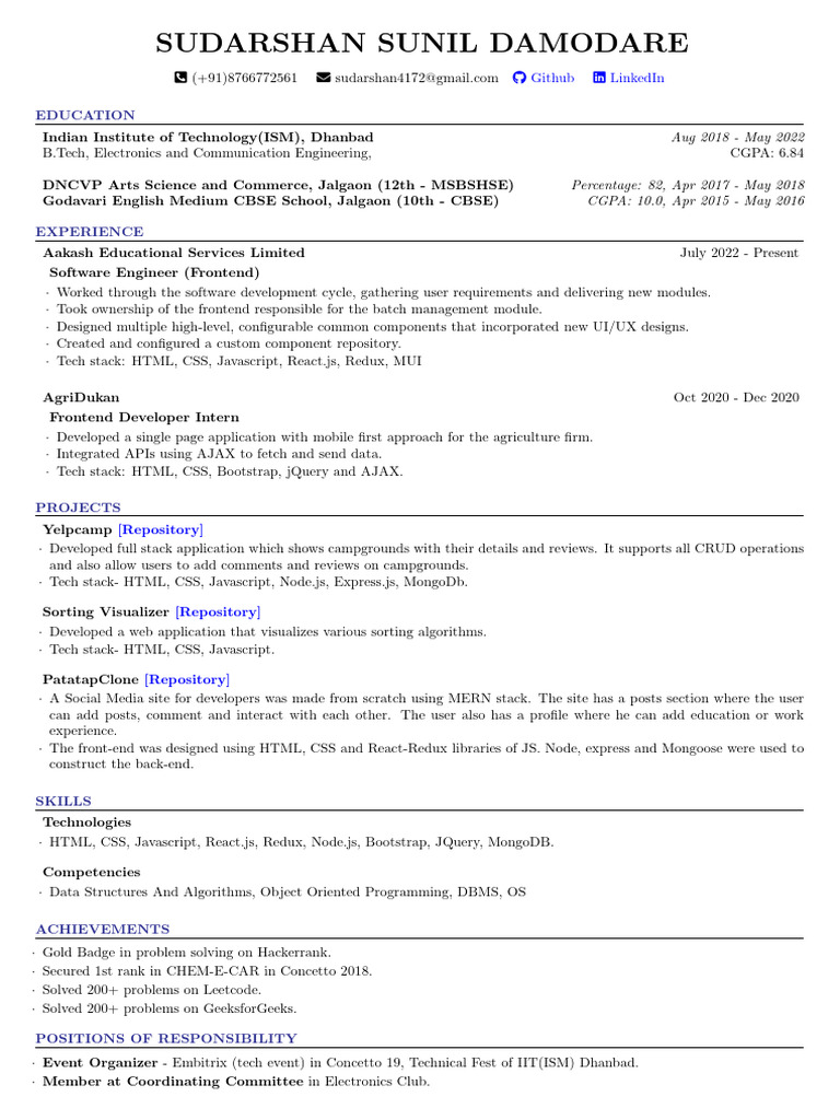Resume SDE | PDF | Java Script | J Query