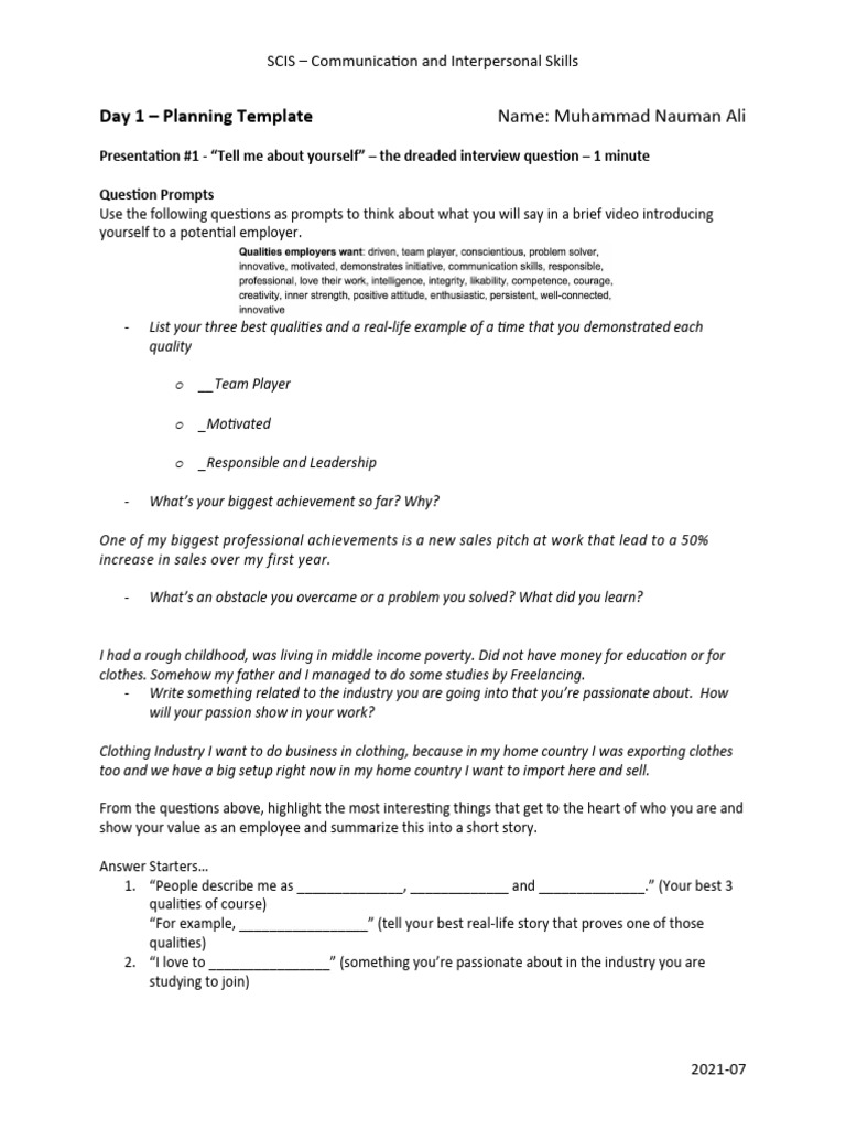 Tell Me About Yourself Template | PDF | Communication | Cognition