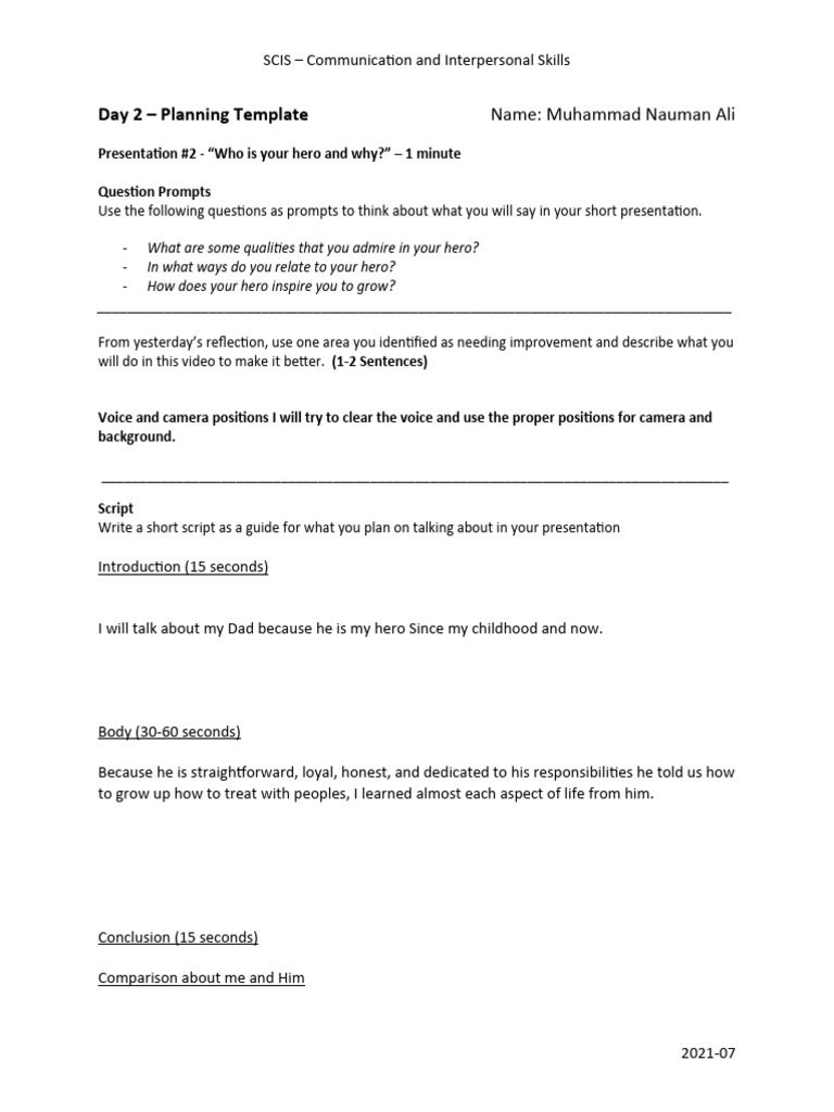 SCIS - Day 2 - Who Is Your Hero and Why - Planning Template and Self Reflection | PDF ...