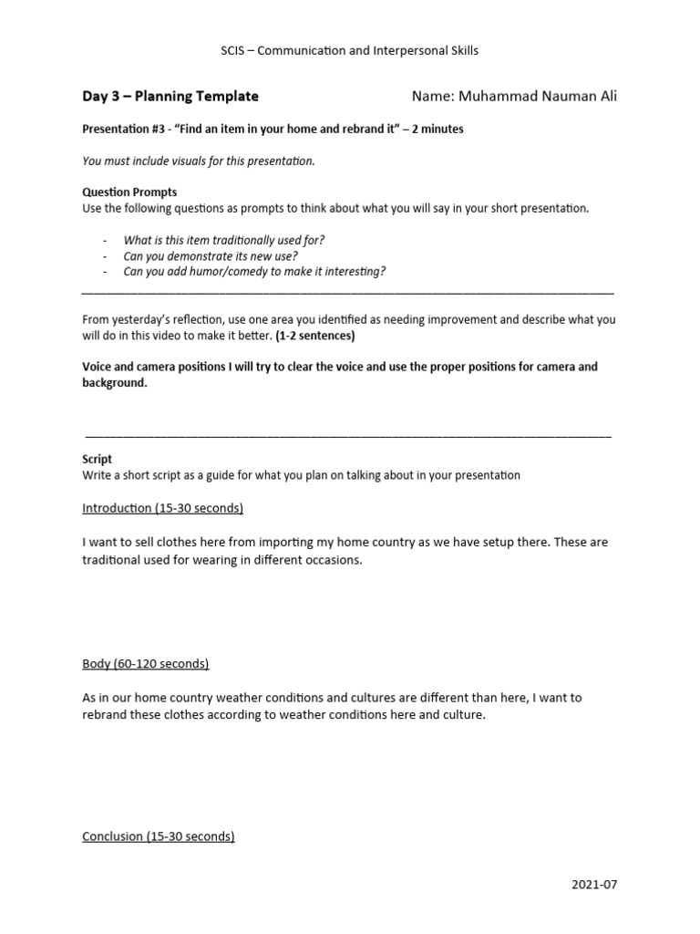 SCIS - Day 3 - Find An Item in Your Home and Rebrand It - Planning Template and Self Reflection ...