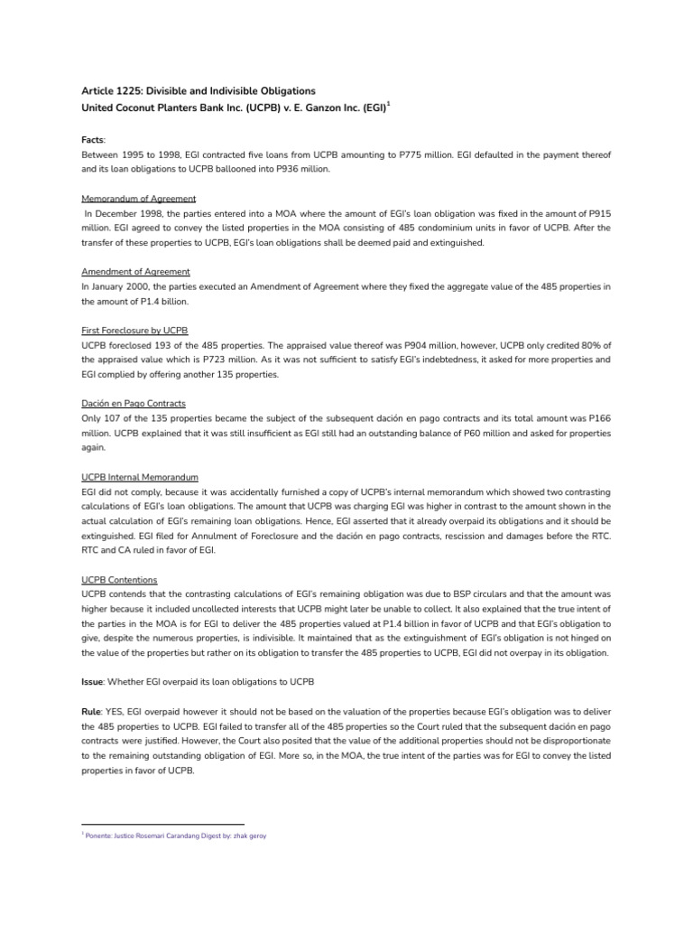 Oblicon Article 1225 Ucpb v. Egi | PDF | Loans | Foreclosure