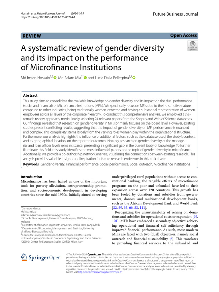 A Systematic Review of Gender Diversity and Its Impact On The Performance of Microfinance ...