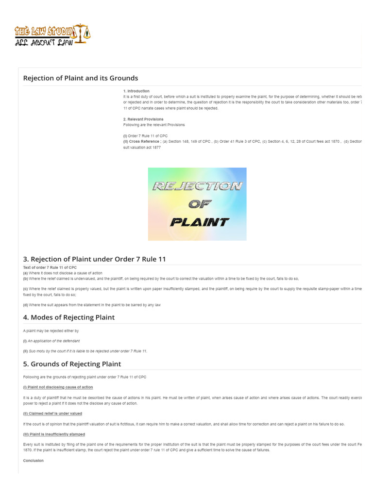 Rejection of Plaint and Its Grounds - The Law Stu | PDF | Cause Of Action | Lawsuit