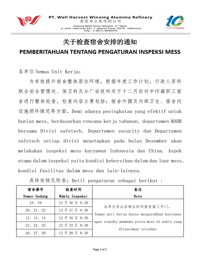 关于宿舍检查工作安排Pemberitahuan Tentang Inspeksi Mess | PDF