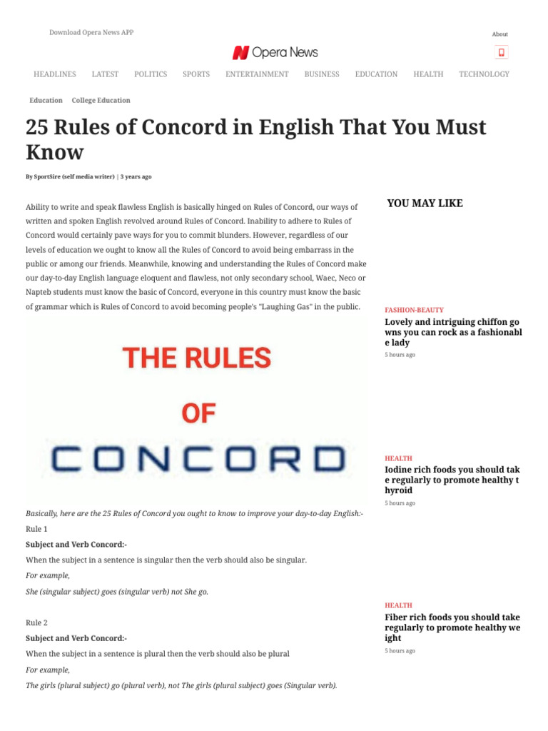 25 Rules of Concord in English That You Must Know - Opera News | PDF | Plural | Grammatical Number