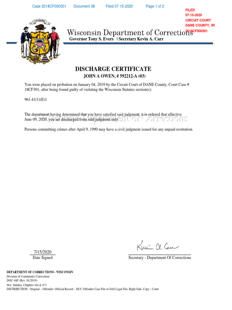 John Arthur Owen III DISCHARGE CERTIFICATE | PDF | Wisconsin Circuit ...