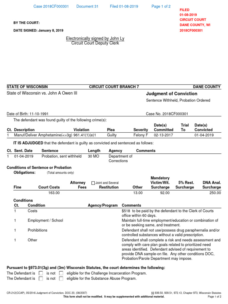 John Arthur Owen III JUDGMENT OF CONVICTION, DELIVERY OF METHAMPHETAMINE | PDF | Wisconsin ...