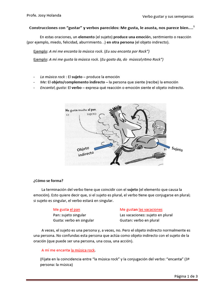 VERBO GUSTAR USOS Y PRECTICA. Nivel A.1 | PDF | Objeto (gramática) | Verbo