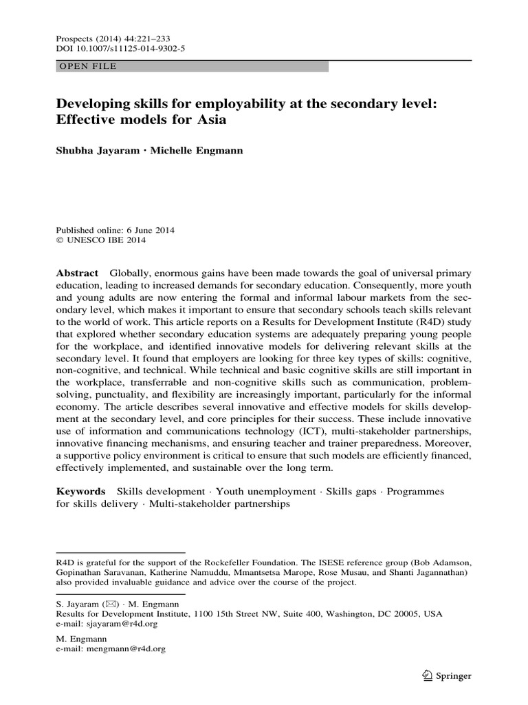 Developing Skills For Employability at The Secondary Level | PDF ...
