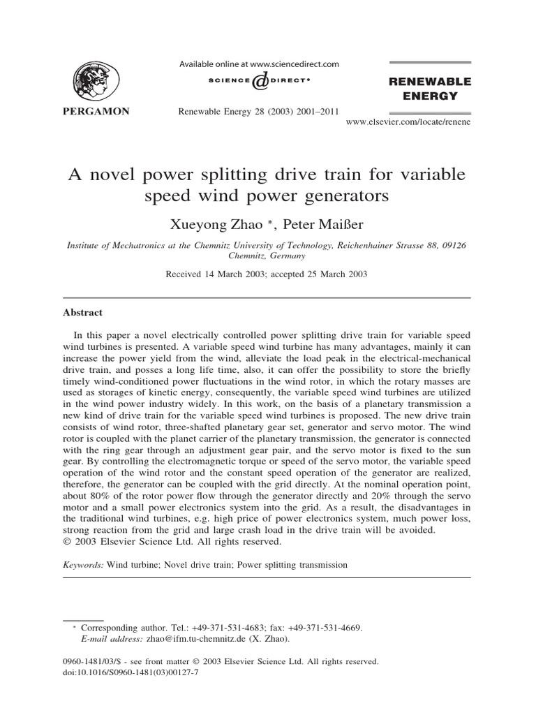 A Novel Power Splitting Drive Train For Variable Speed Wind Power Generators | PDF | Electric ...