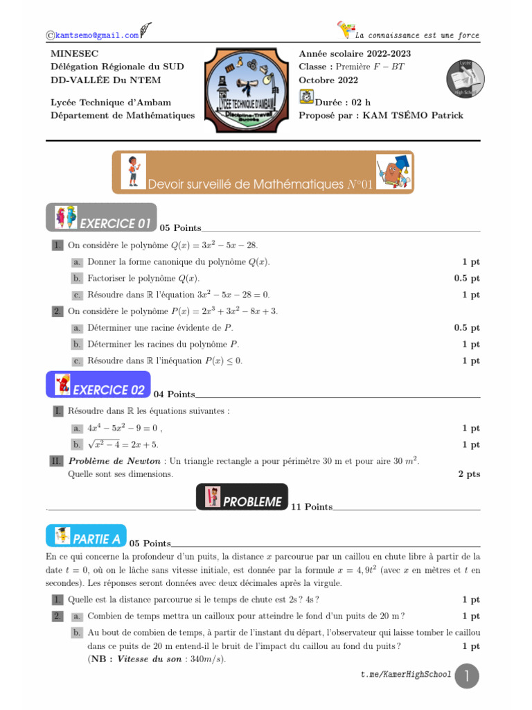 LyceeTAmbam Maths 1ereFBT DS1 2022 | PDF