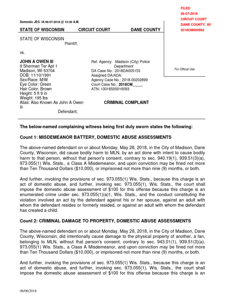 John Arthur Owen III MISDEMEANOR BATTERY, DOMESTIC ABUSE ASSESSMENTS ...